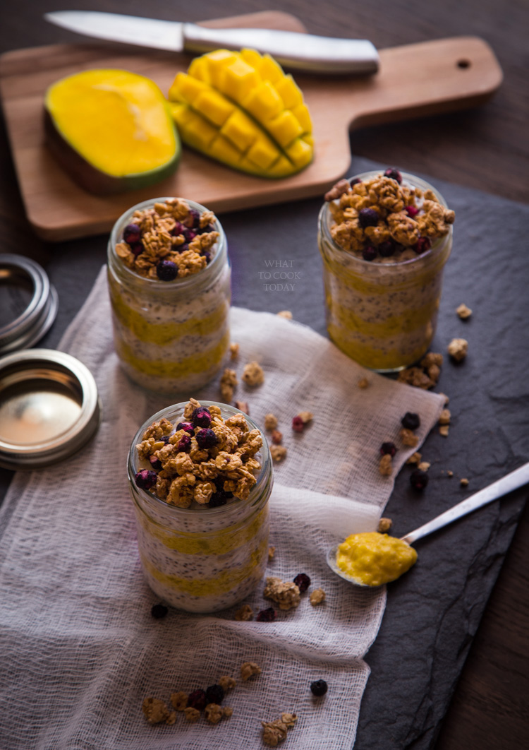 Rice chia pudding with coconut mango sauce and super grains topping ...