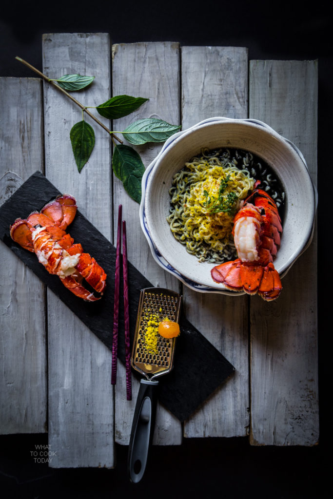 Ramen with broiled lobster tail in squid ink broth - What To Cook Today