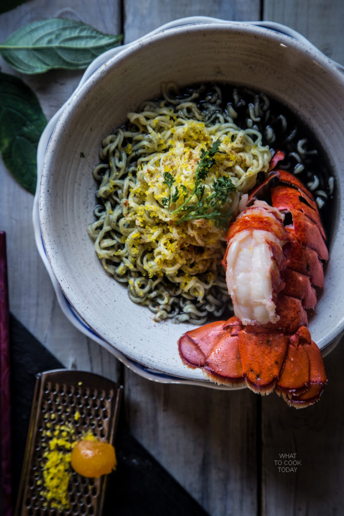Ramen with broiled lobster tail in squid ink broth - What To Cook Today