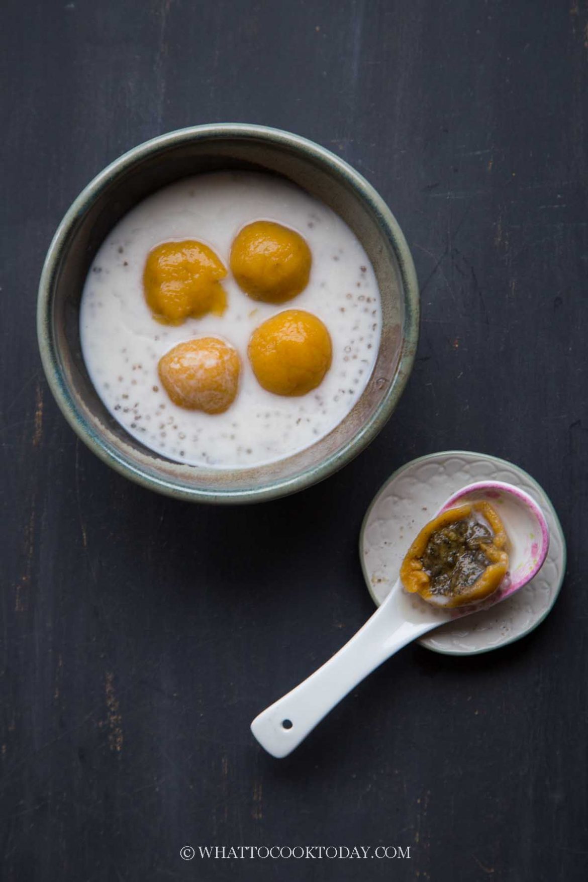 Pumpkin Black Sesame Tang Yuan with Tapioca Pearls and Coconut Milk