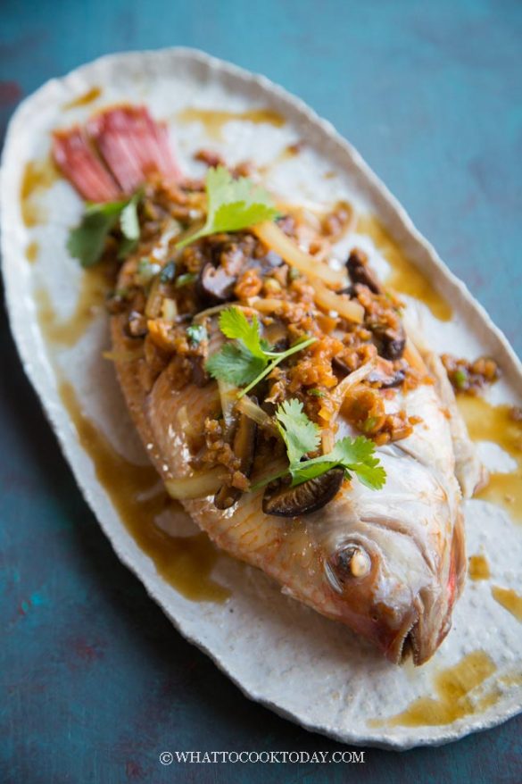 Chinese Steamed Whole Fish with Preserved Radish (Chye Poh) and Mushroom