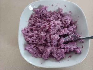Ube Kalamay with Latik (Steamed Ube Sticky Rice Cake)