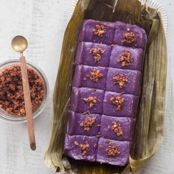 Ube Kalamay with Latik (Steamed Ube Sticky Rice Cake)