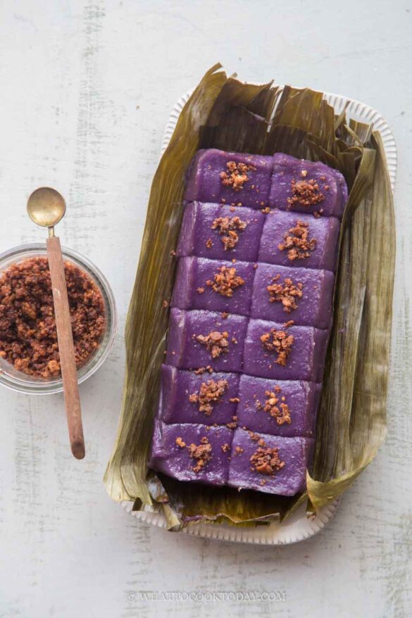 Ube Kalamay with Latik (Steamed Ube Sticky Rice Cake)