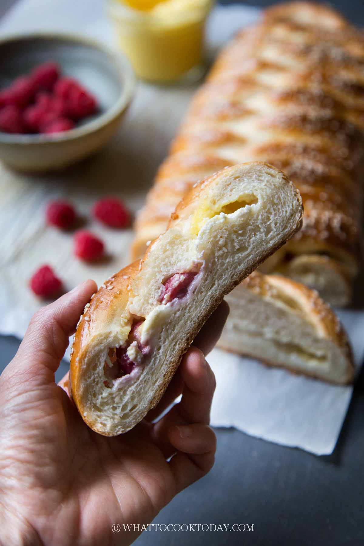 Braided Lemon Curd Raspberries Cream Cheese Bread (Tangzhong)